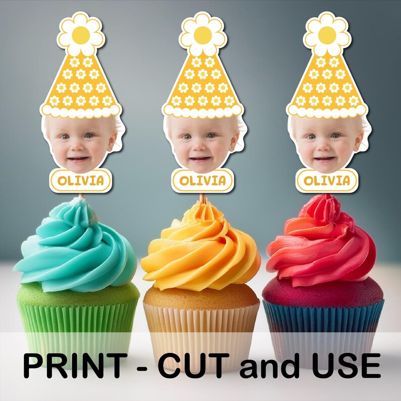 Custom Flower Cupcake Toppers, Baby First Birthday Party, Baby Birthday ...