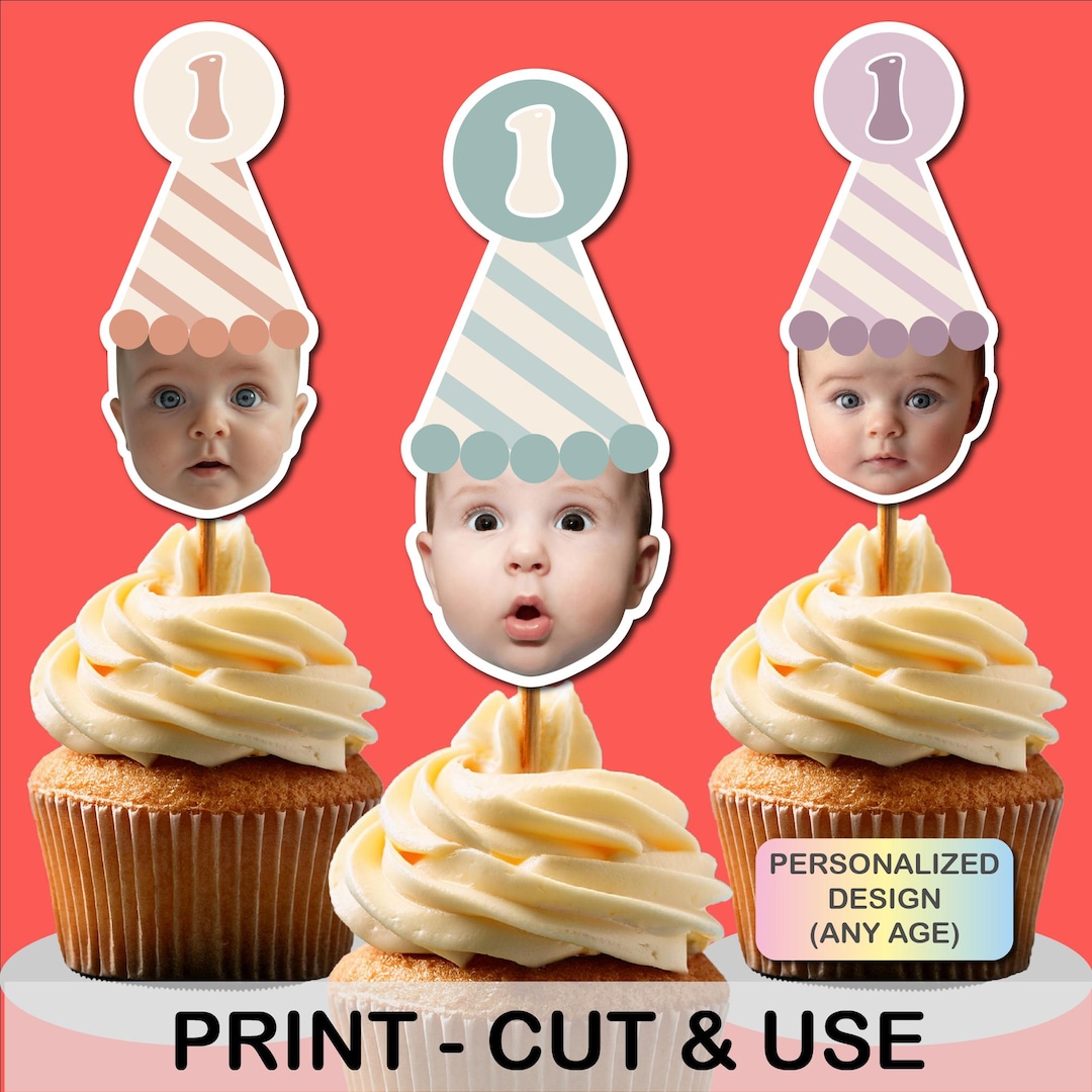 Custom Age Party Hat Cupcake Toppers, First Birthday Party, Baby ...