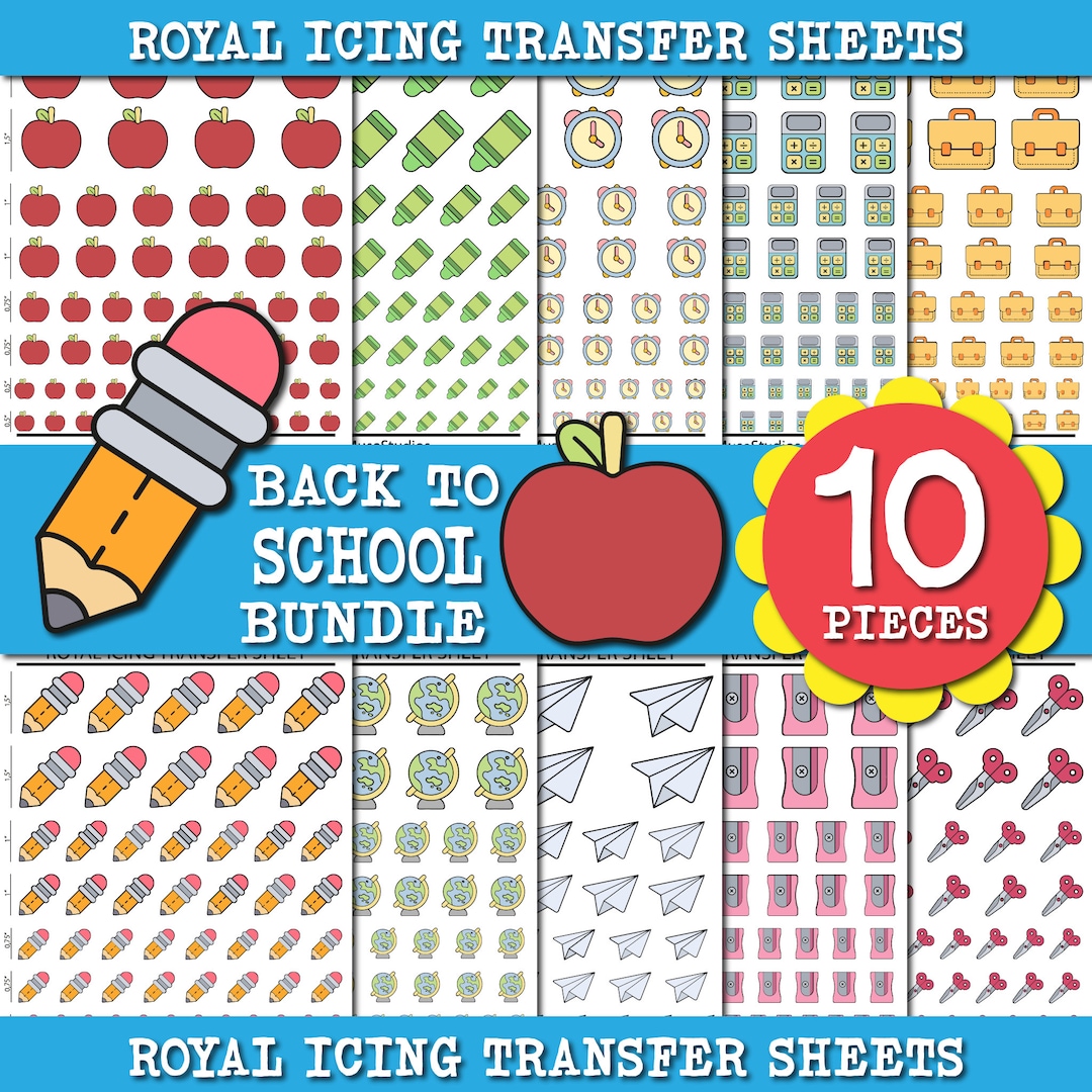 Back to School Royal Icing Transfer Sheets Bundle, Apple Cookies, Back ...