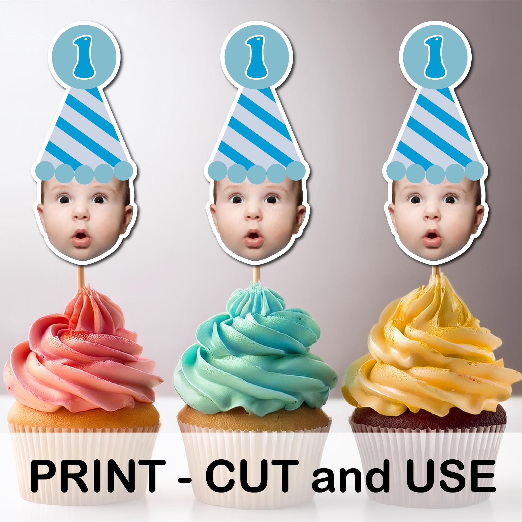 Custom Age Party Hat Cupcake Toppers, Baby First Birthday Party, Baby ...