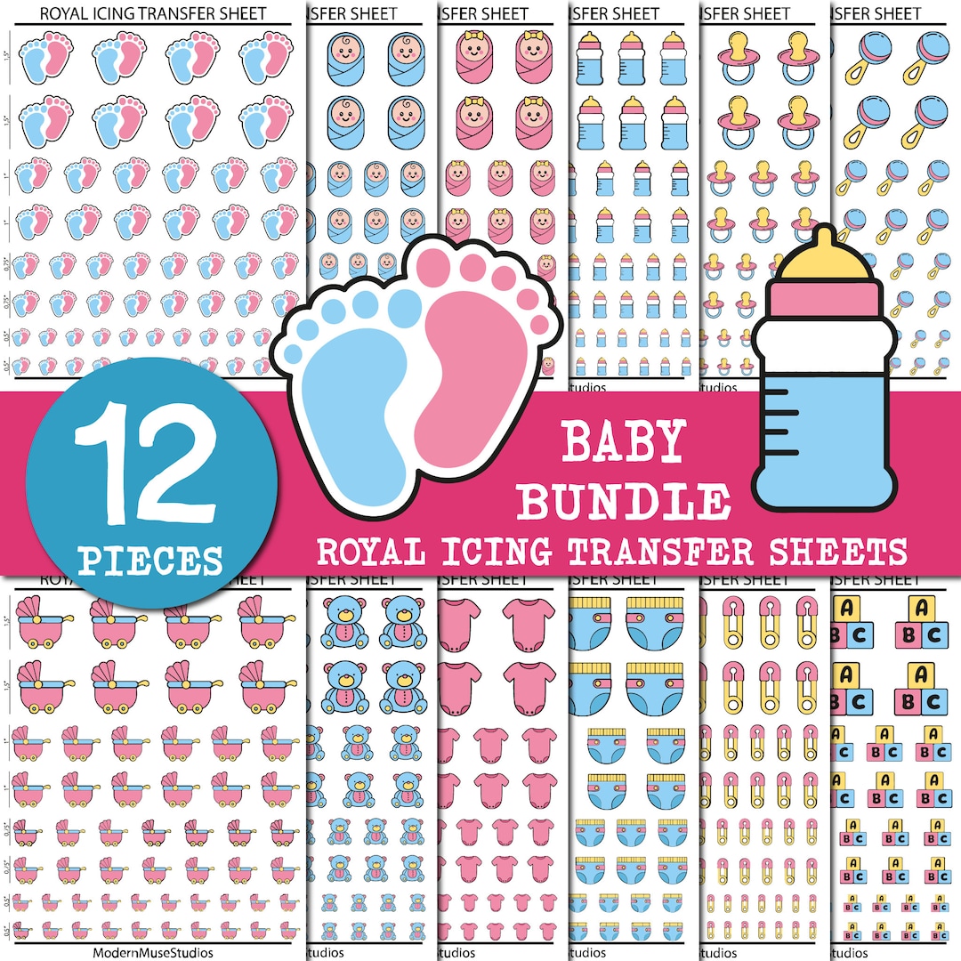 Baby Shower Party Royal Icing Transfer Sheets Bundle, Baby Cookies ...