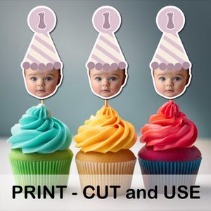 Custom Age Party Hat Cupcake Toppers, First Birthday Party, Baby ...