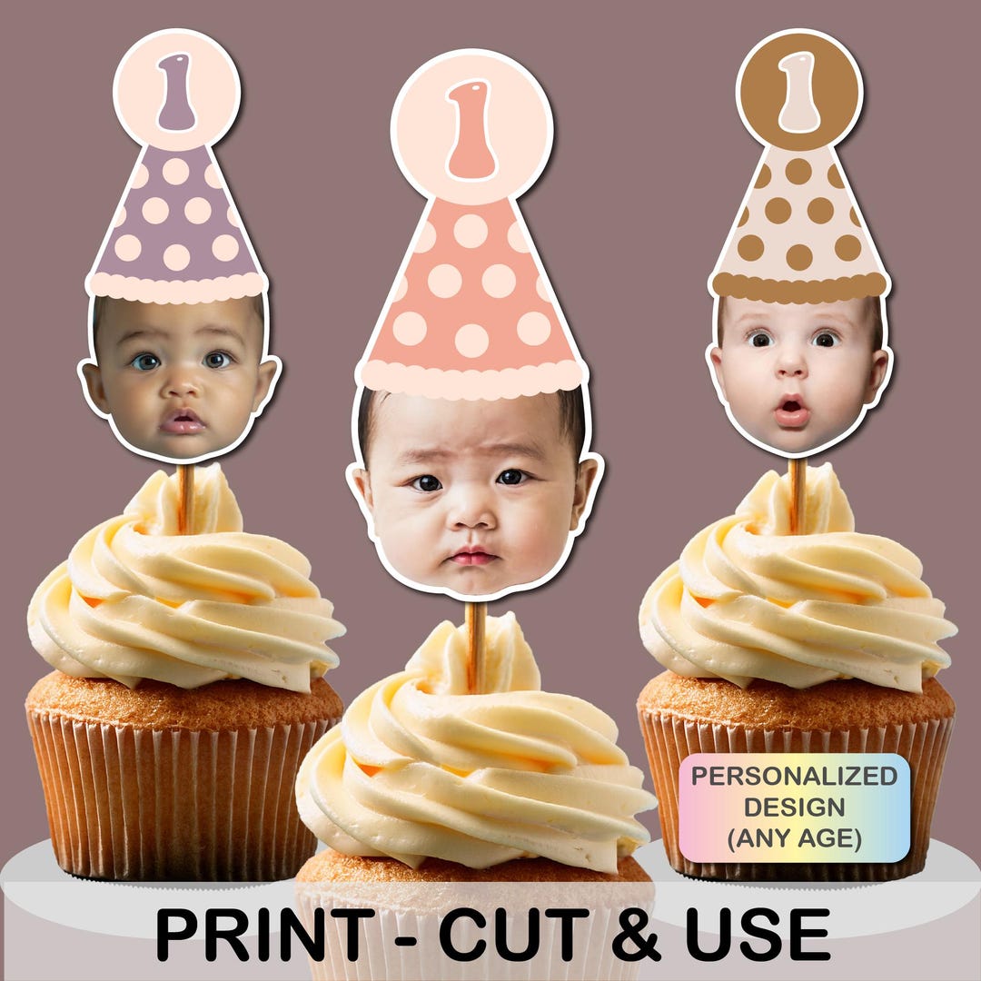Custom Bohemian Party Hat Face Cupcake Toppers, Baby First Birthday ...