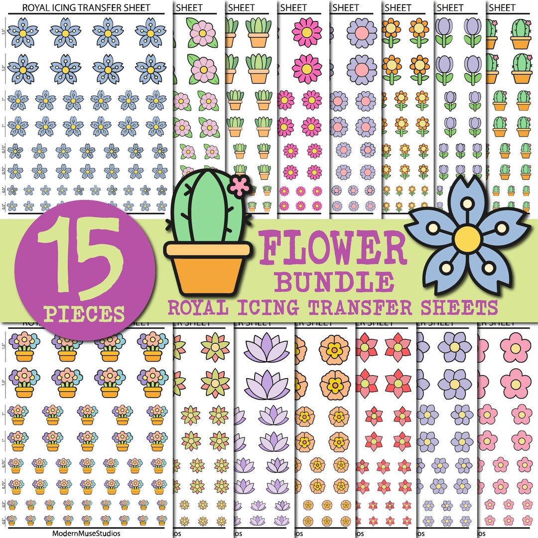 Flower Royal Icing Transfer Sheets Bundle, Flower Cookies, Flower Royal ...