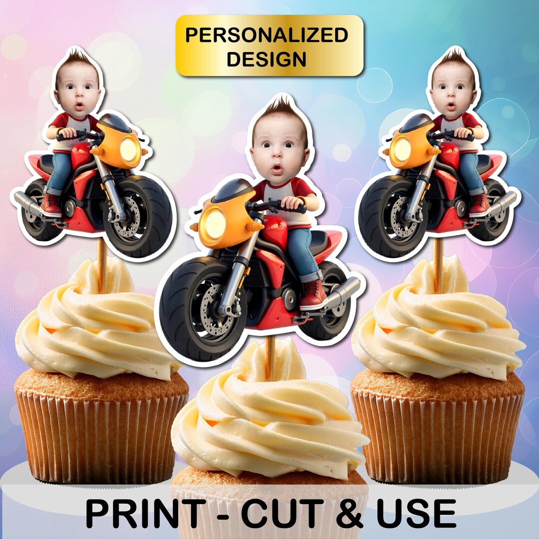 Custom Bike Cupcake Toppers Printable, Face Cupcake Topper, Biker Theme ...
