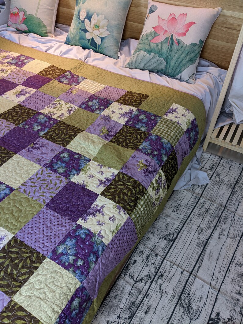 Violet Garden Quilt, Handmade Quilted Blanket Features Vibrant Violet Flowers on a Patchwork ...