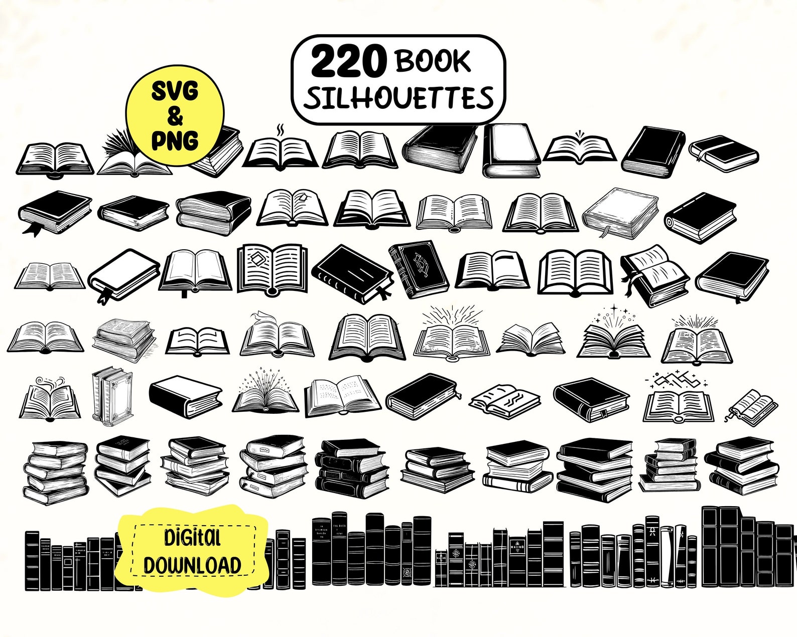 Books SVG Bundle, Books Vector Silhouette, Book Lovers Svg, Stacked ...