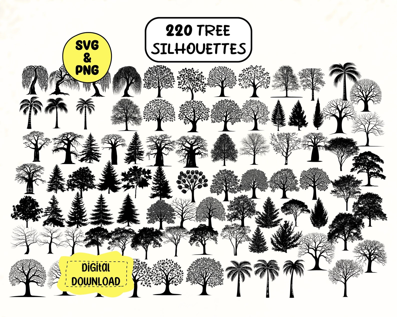 TREE Silhouette SVG Bundle, Evergreen Tree Svg, Tree Vector, Tree Cut ...