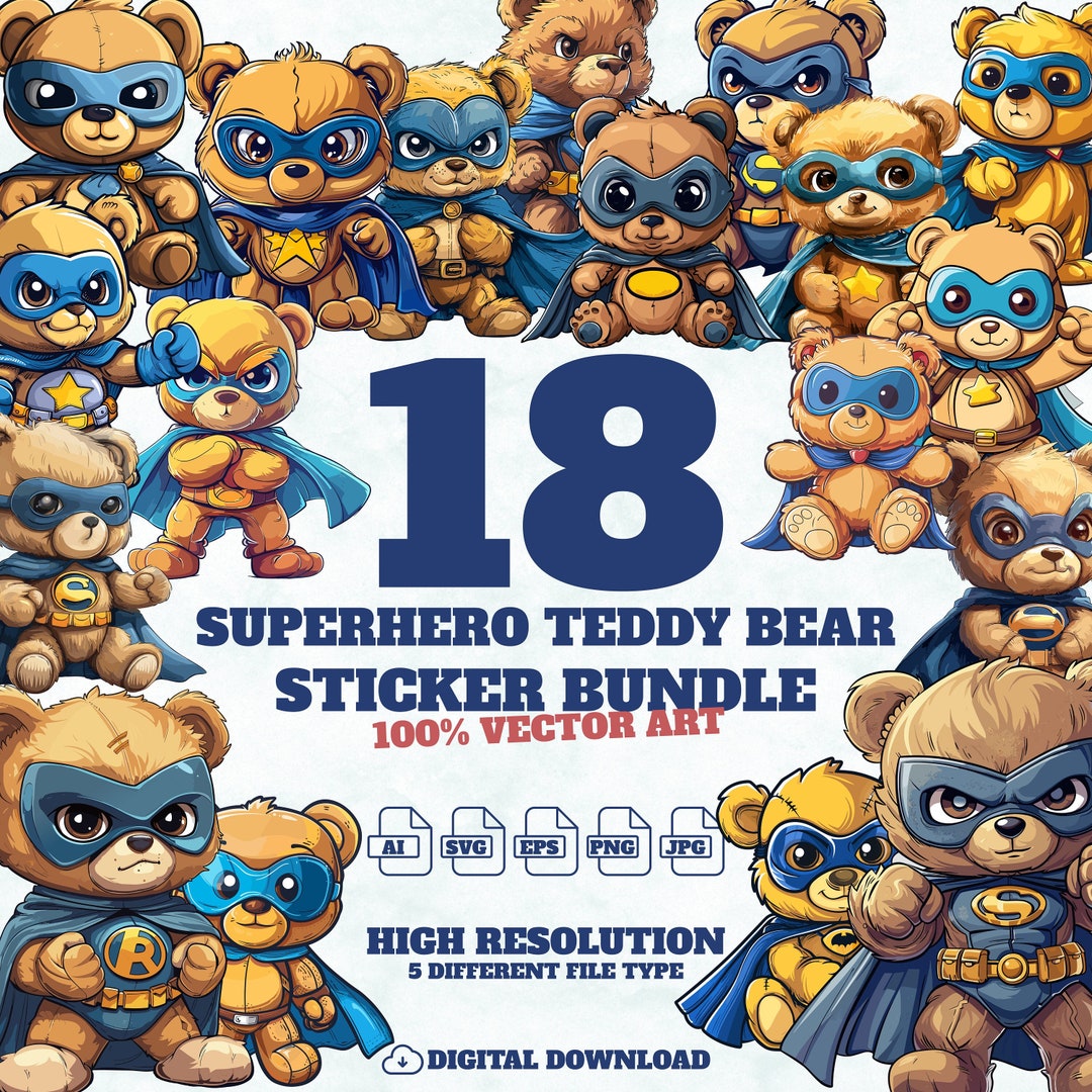 Superhero Teddy Bear Sticker Set, 18 Cute Bear Heroes, High-res Vector ...