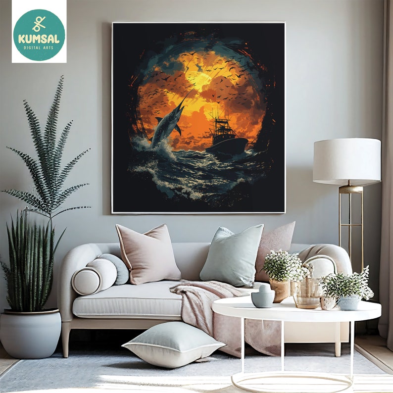 Marlin Fishing T-shirt Design Sunset Ocean Scene Graphic Digital ...