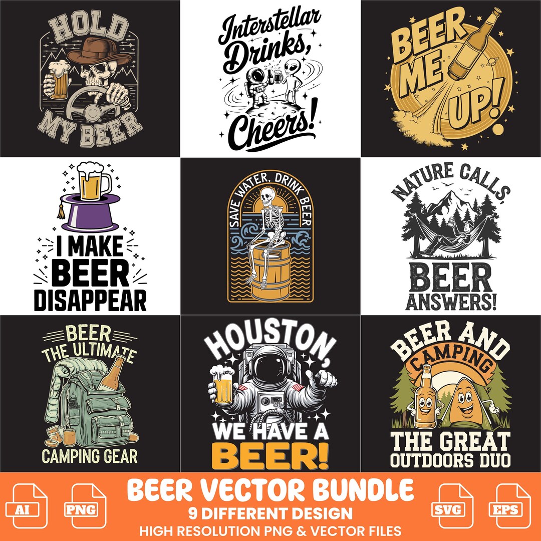 Beer Vector Bundle | 9 Fun Beer-themed Designs | Space & Camping Beer ...