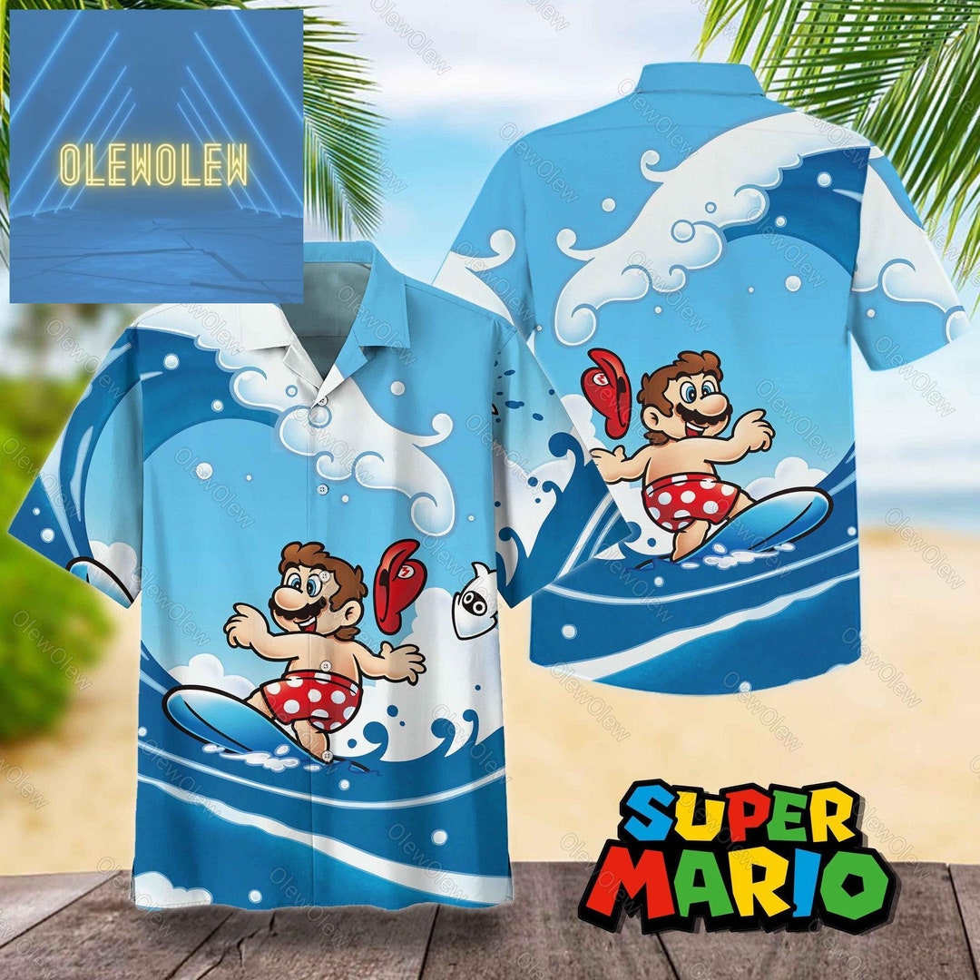 Super Mario Hawaiian Shirt, Super Mario Surfing Button Shirt, Super ...