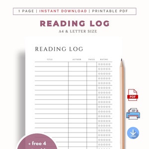 Reading Log Printable Simple Reading Log Instant Download PDF A4 Letter ...