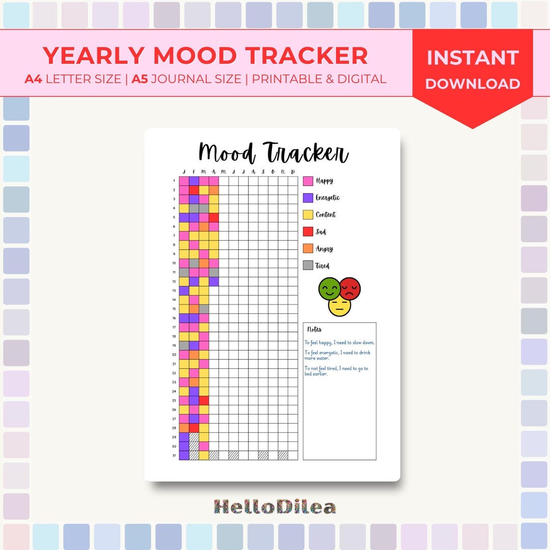 Yearly Mood Tracker | Daily Feelings Tracker | Daily Mood Tracker ...