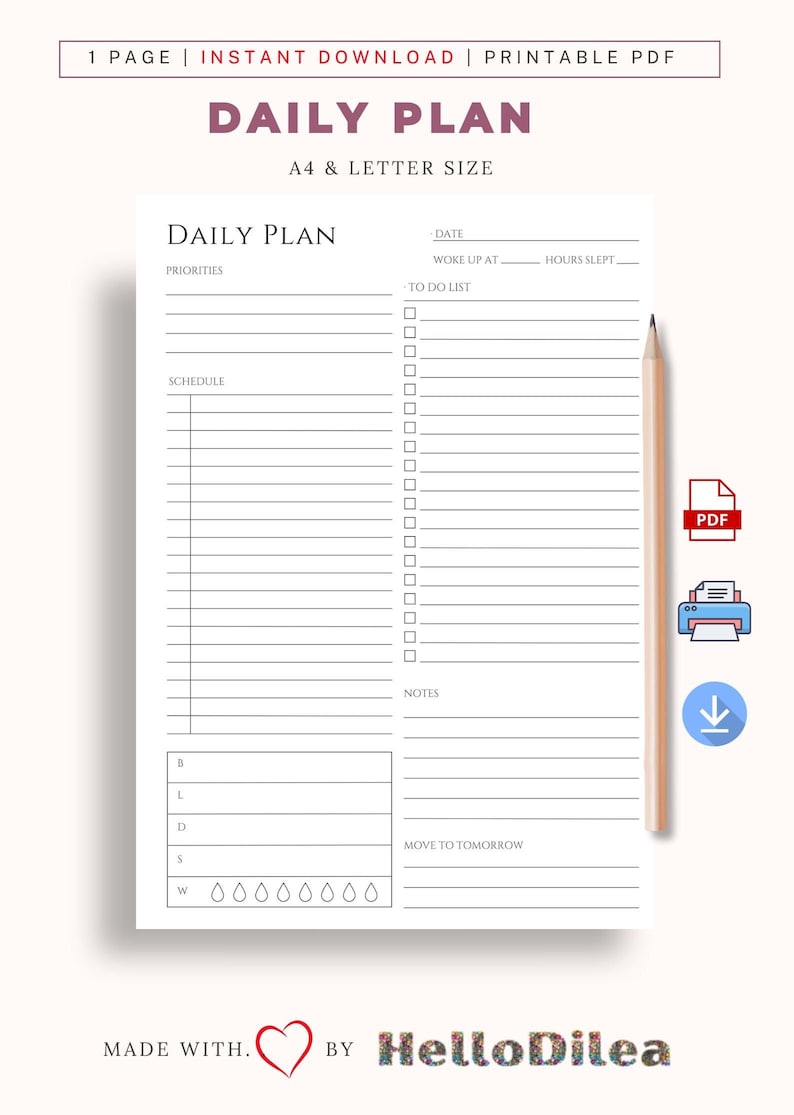 Printable Daily Plan Simple Daily Plan Instant Download PDF A4 Letter ...
