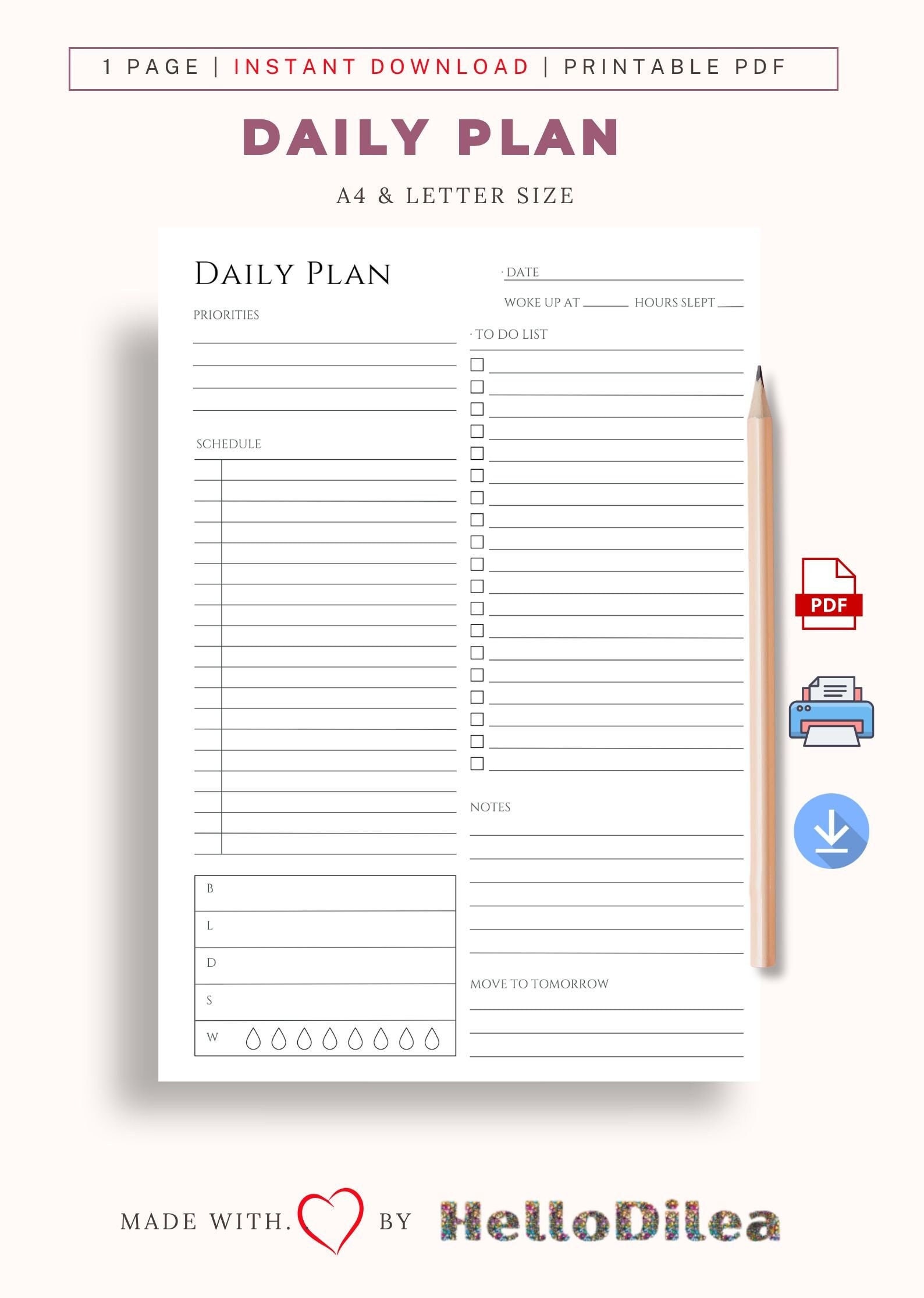 Printable Daily Plan Simple Daily Plan Instant Download PDF A4 Letter ...