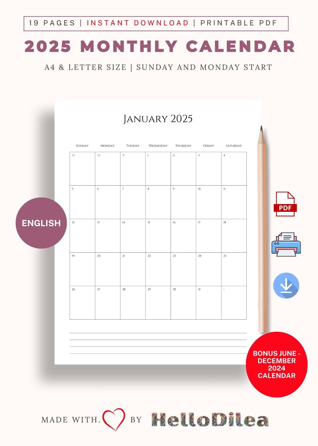 2025 Printable Monthly Calendar Bonus: June to December 2024 Included ...