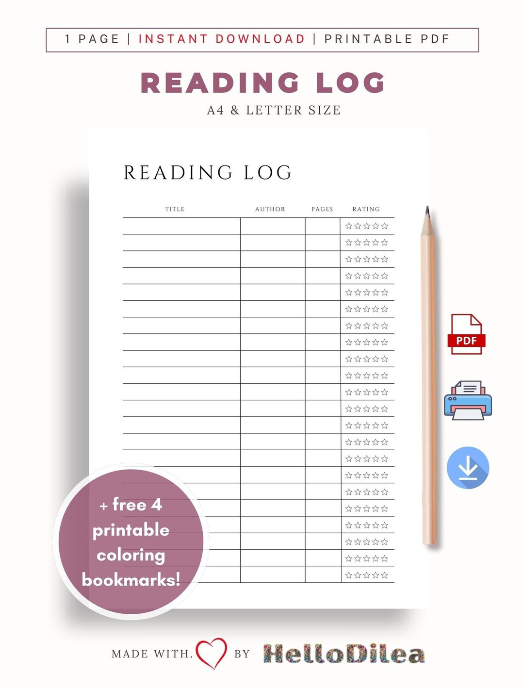 Reading Log Printable Simple Reading Log Instant Download PDF A4 Letter ...