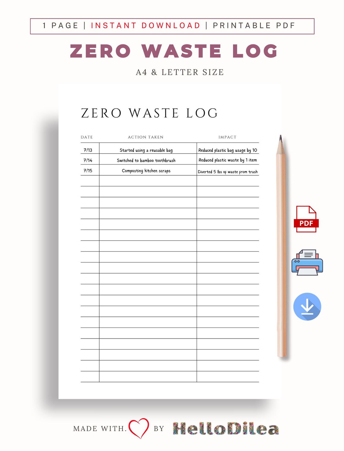 Zero Waste Log Printable Simple Zero Waste Log Instant Download PDF A4 ...