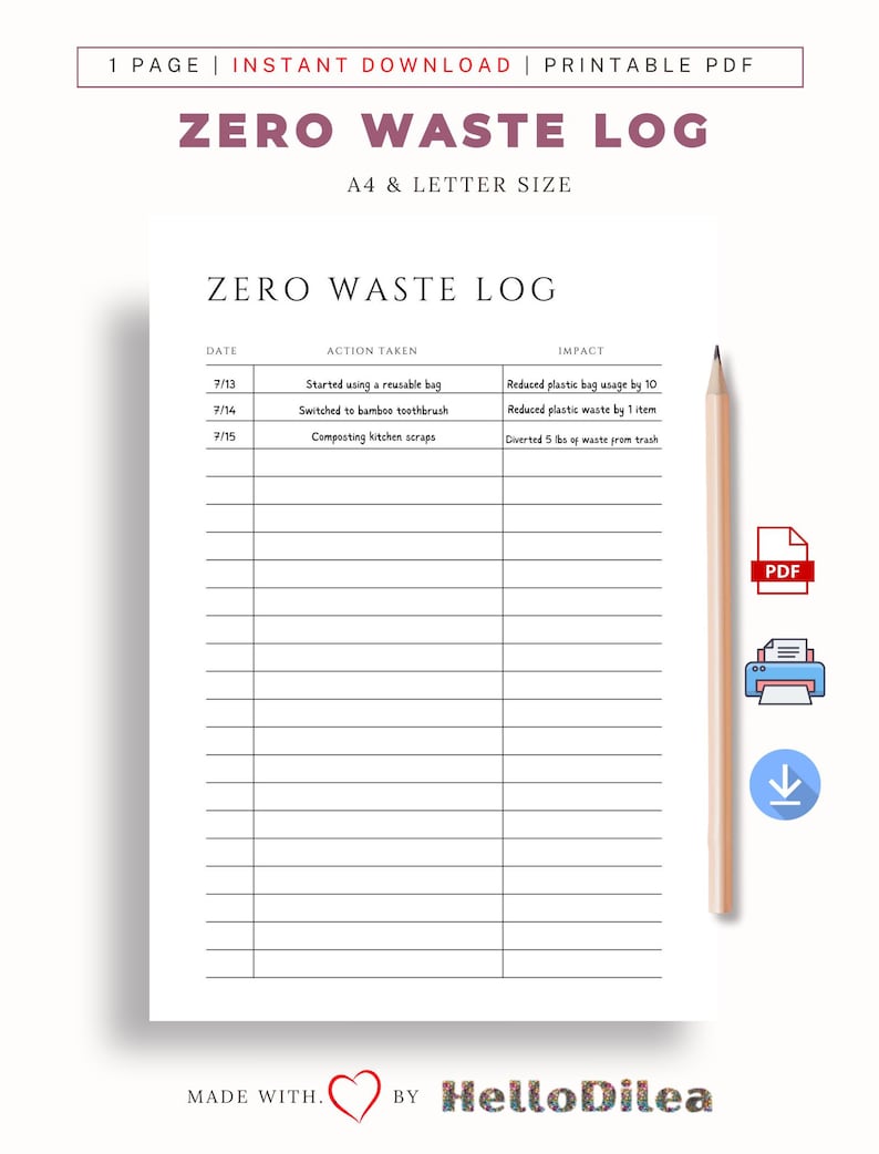 Zero Waste Log Printable Simple Zero Waste Log Instant Download PDF A4 ...