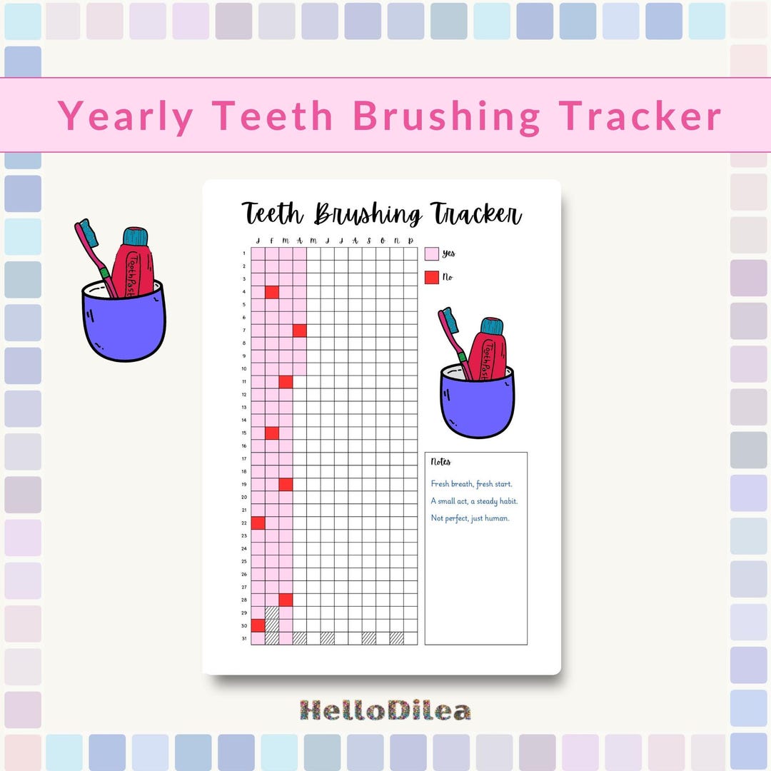 Color-in Yearly Teeth Brushing Tracker With Notes | PRINTABLE Journal ...