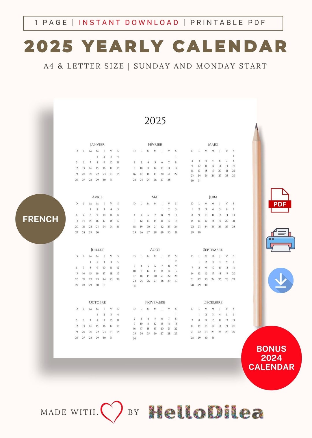 2025 Printable Yearly Calendar french Bonus 2024 Calendar Included ...