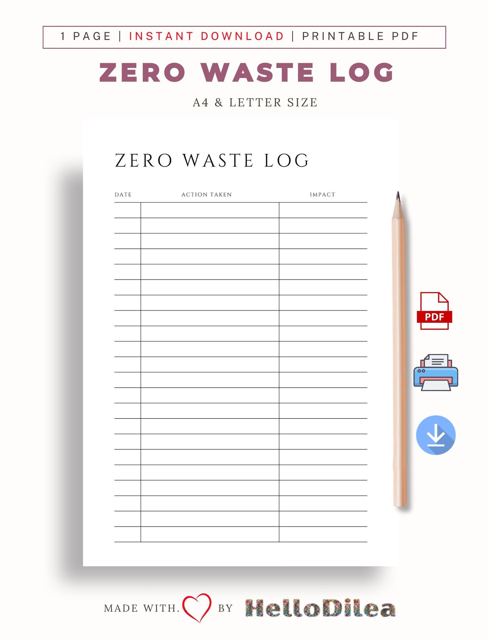 Zero Waste Log Printable Simple Zero Waste Log Instant Download PDF A4 ...