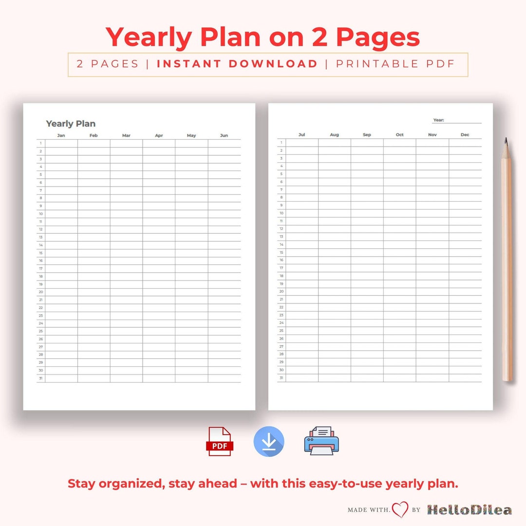 Yearly Plan on 2 Pages Printable PDF Minimalist Yearly Overview ...
