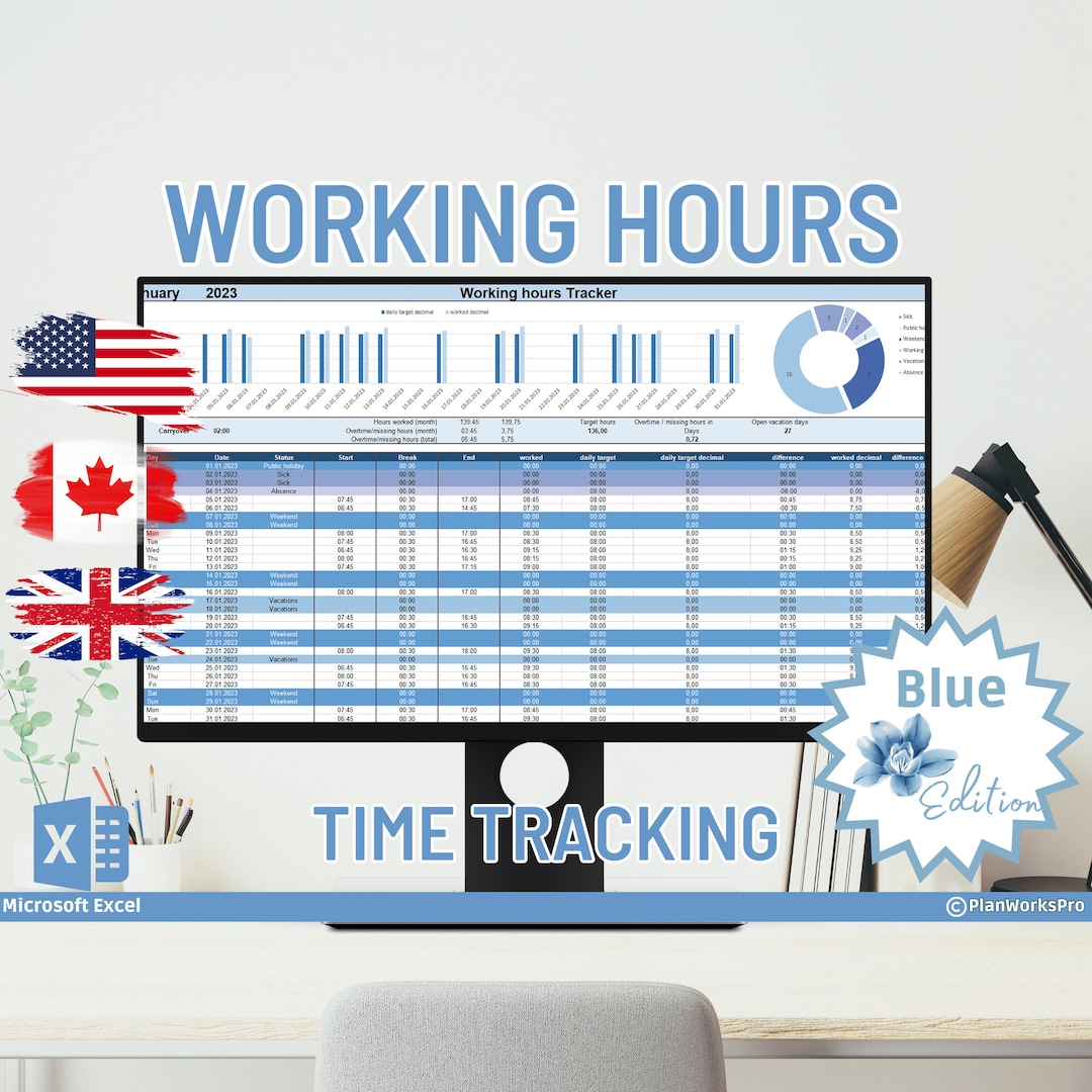 Working Hours Excel Template, Time Tracking Template. Perfect for ...