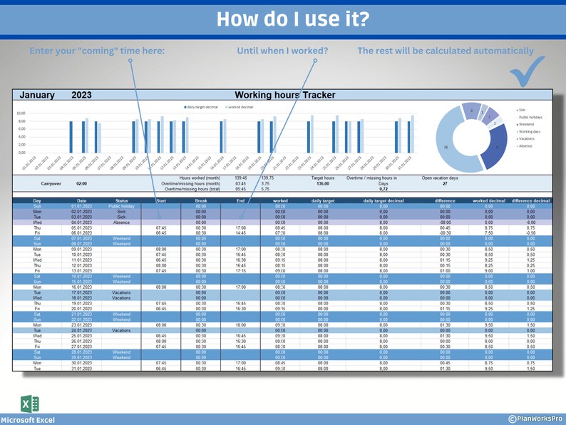 Working Hours Excel Template, Time Tracking Template. Perfect for ...