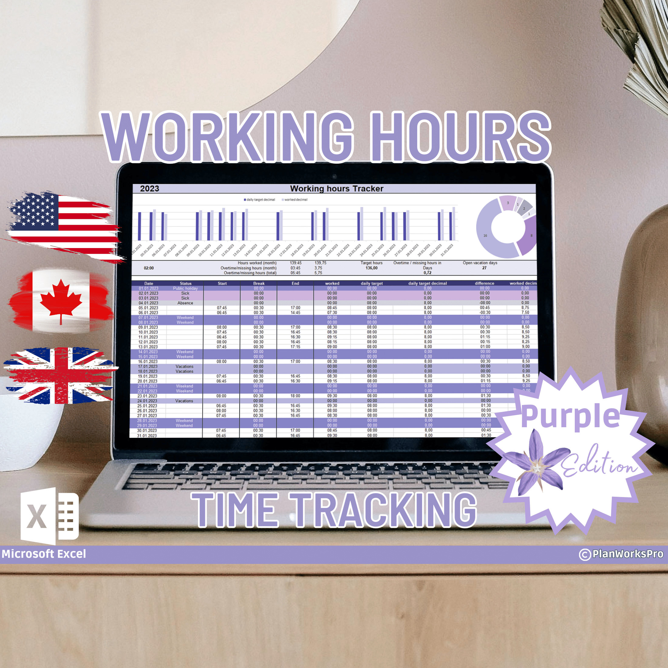 Time Management | Working Hours Excel Template | Time Tracking Template ...