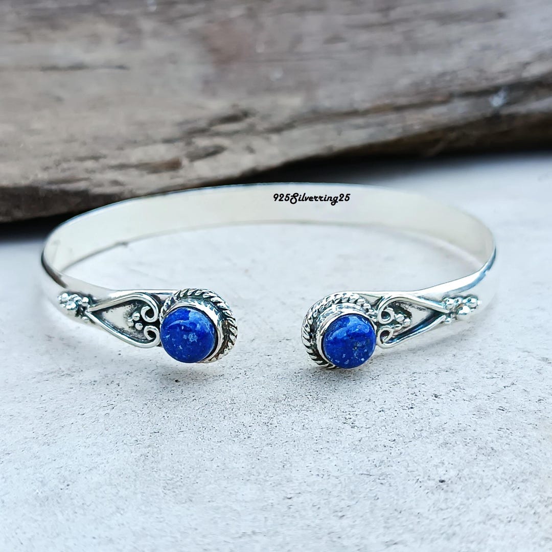 Handmade Lapis Lazuli Sterling Silver Bangle: Adjustable Gemstone ...