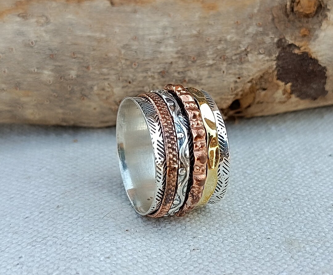 Three Tone Silver With Copper Silver Spinner Ring,925 Sterling Menes ...
