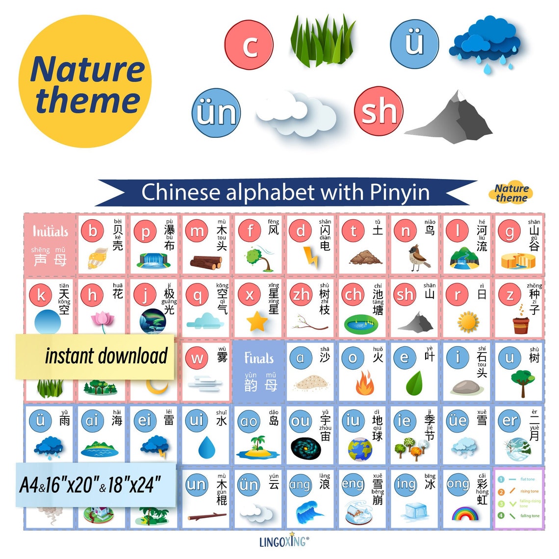 Chinese Alphabet Poster, Pinyin Printable, 16x20 Bopomofo Chart, 18x24 ...