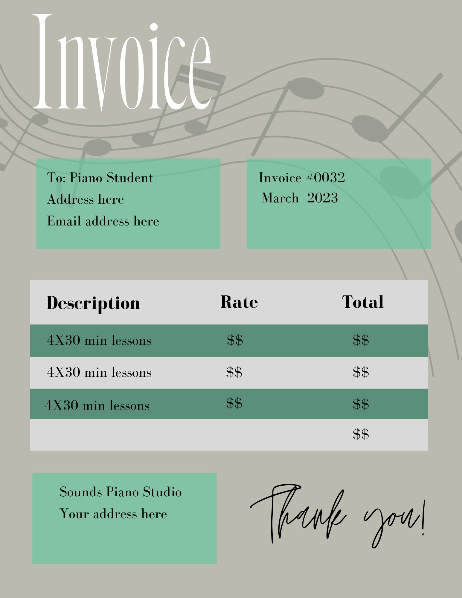 Piano Lesson Invoice Music Lesson Invoice - Etsy