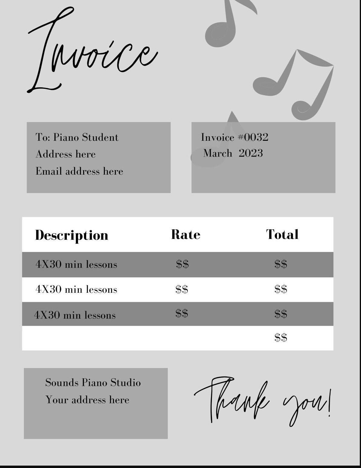 Piano Lesson Invoice Music Lesson Invoice - Etsy