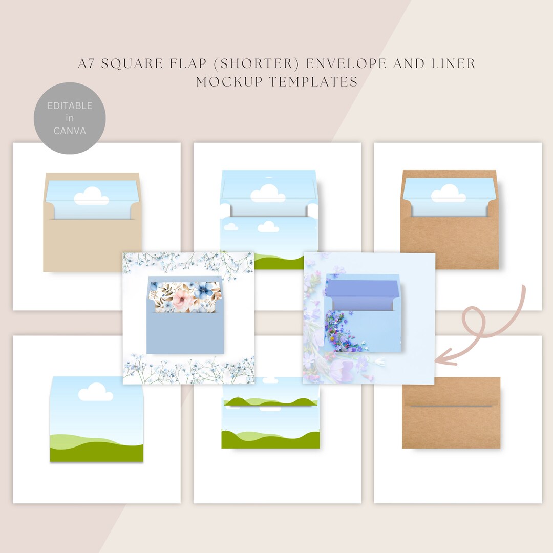 A7 Square Flap (shorter) Envelopes and Liners Mockup Templates, Color ...