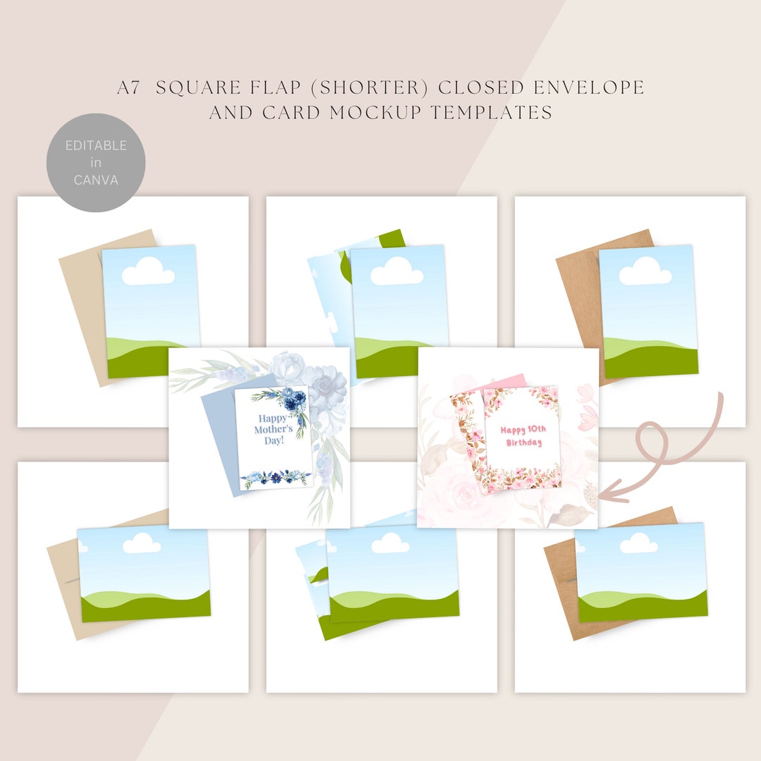 A7 Square Flap (shorter) Closed Envelope and Card Mockup Templates ...