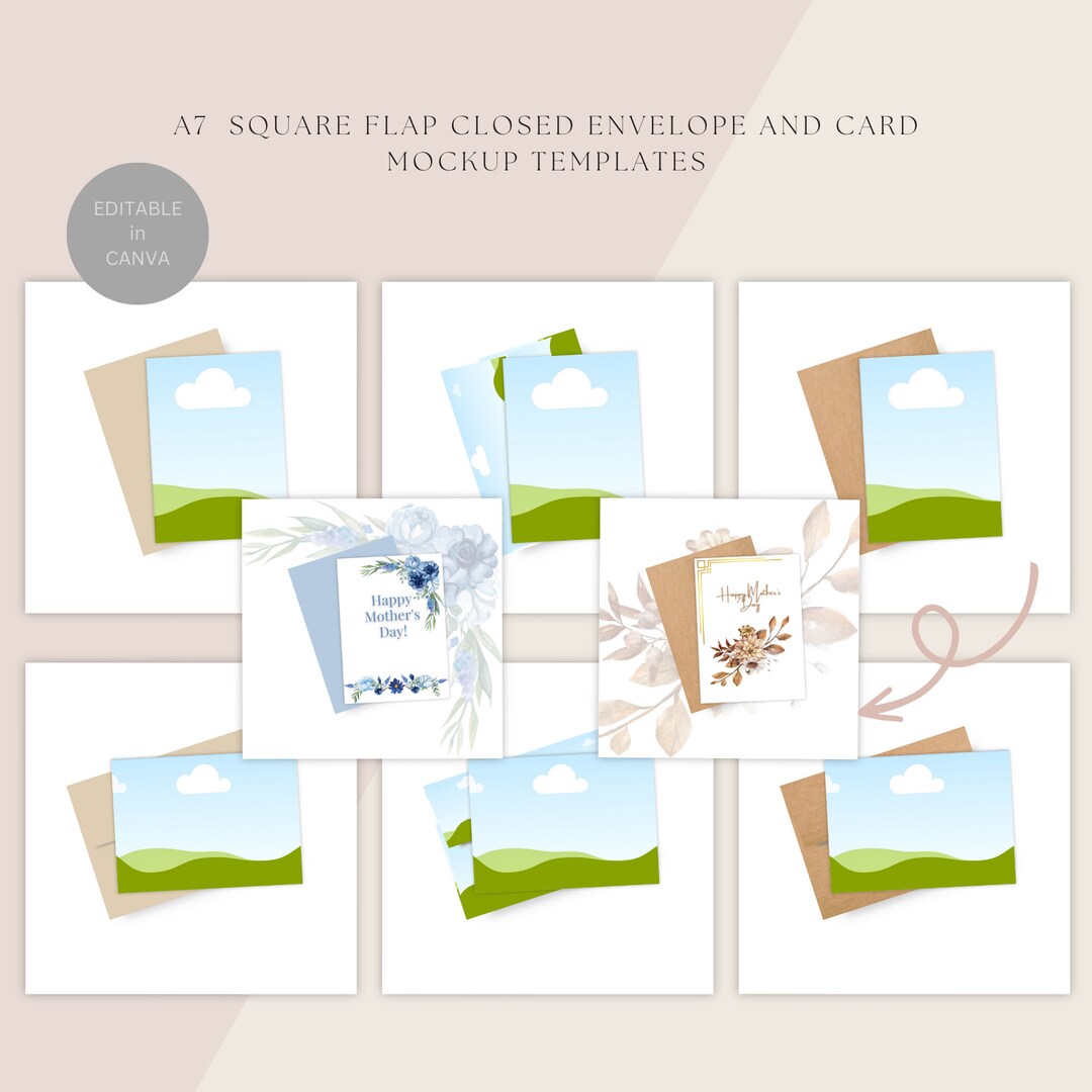 A7 Square Flap Closed Envelope and Card Mockup Templates, Kraft Paper ...