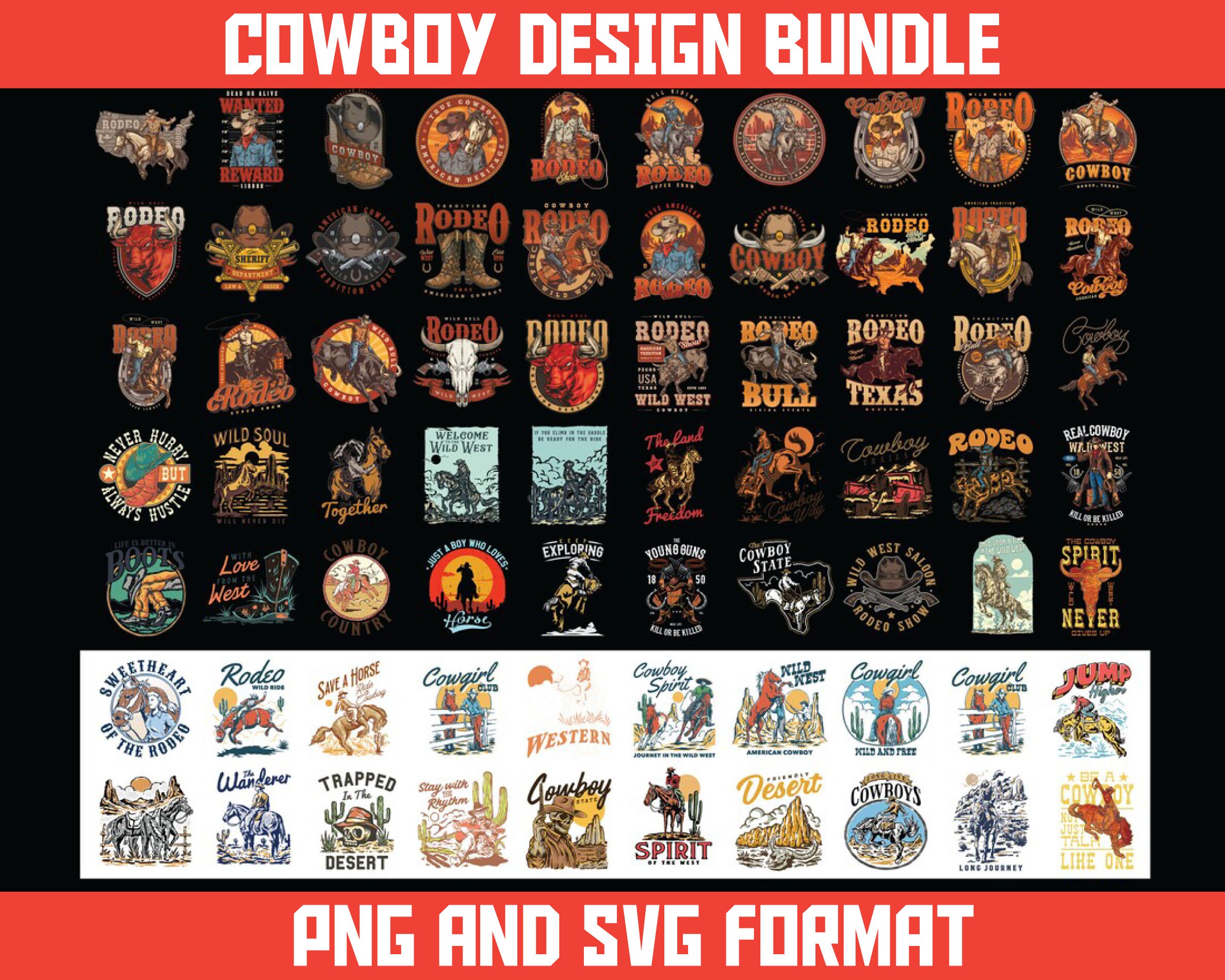 70 Cowboy Designs Bundle | Cowboy T-shirt Designs | Western Design ...