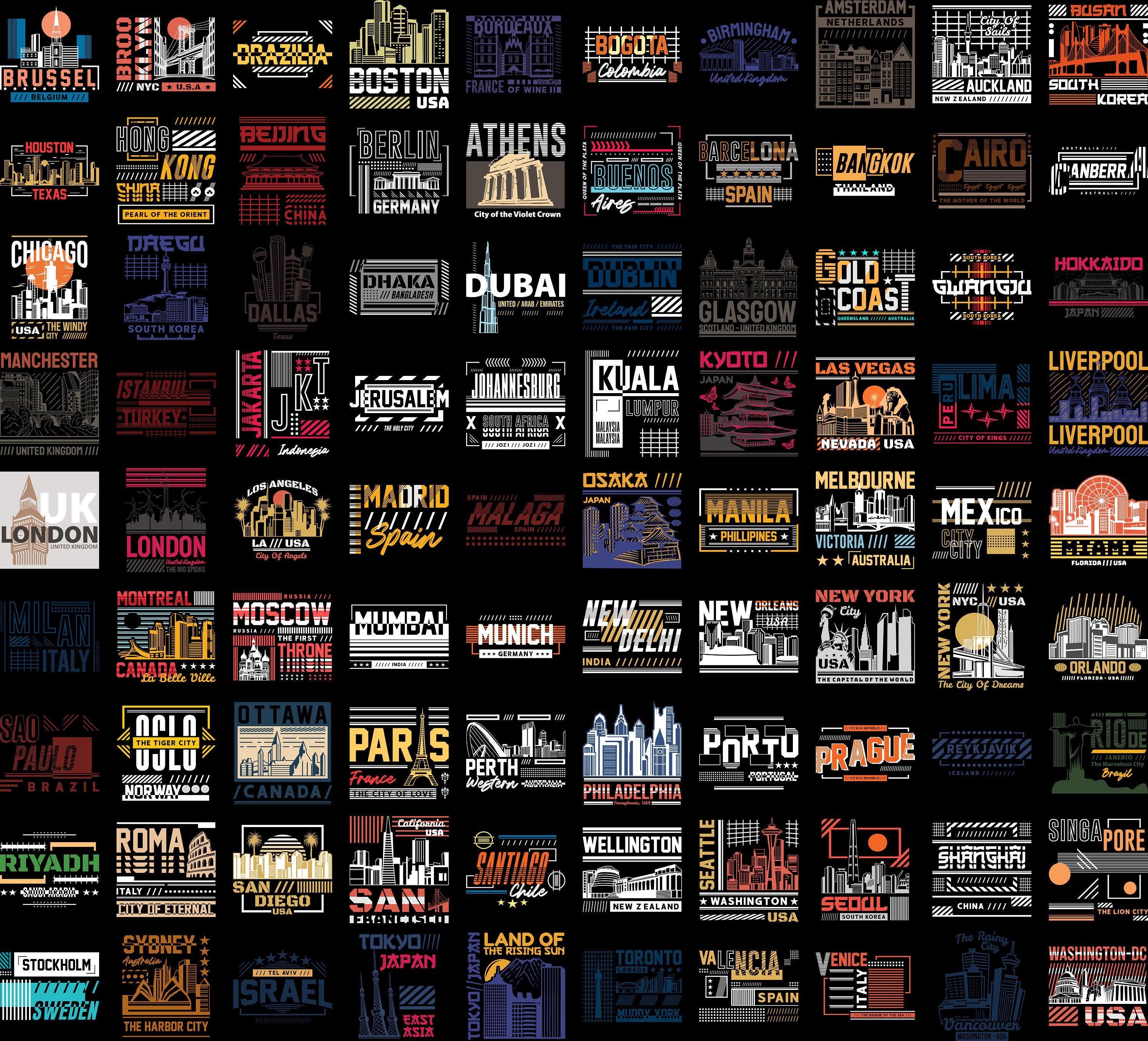 Famous Cities T-shirt Designs Bundle | City T-shirt Design | Famous ...