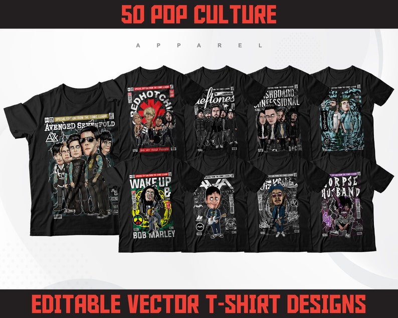 50 Pop Culture T-shirt Design Bundle | Cartoon Design | Superhero ...