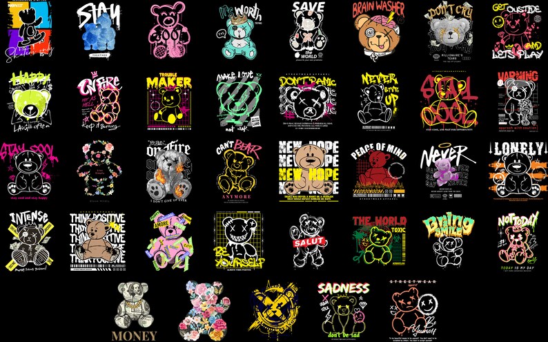 117 Teddy Bear T-shirt Designs Bundle | Illustration Streetwear Designs ...
