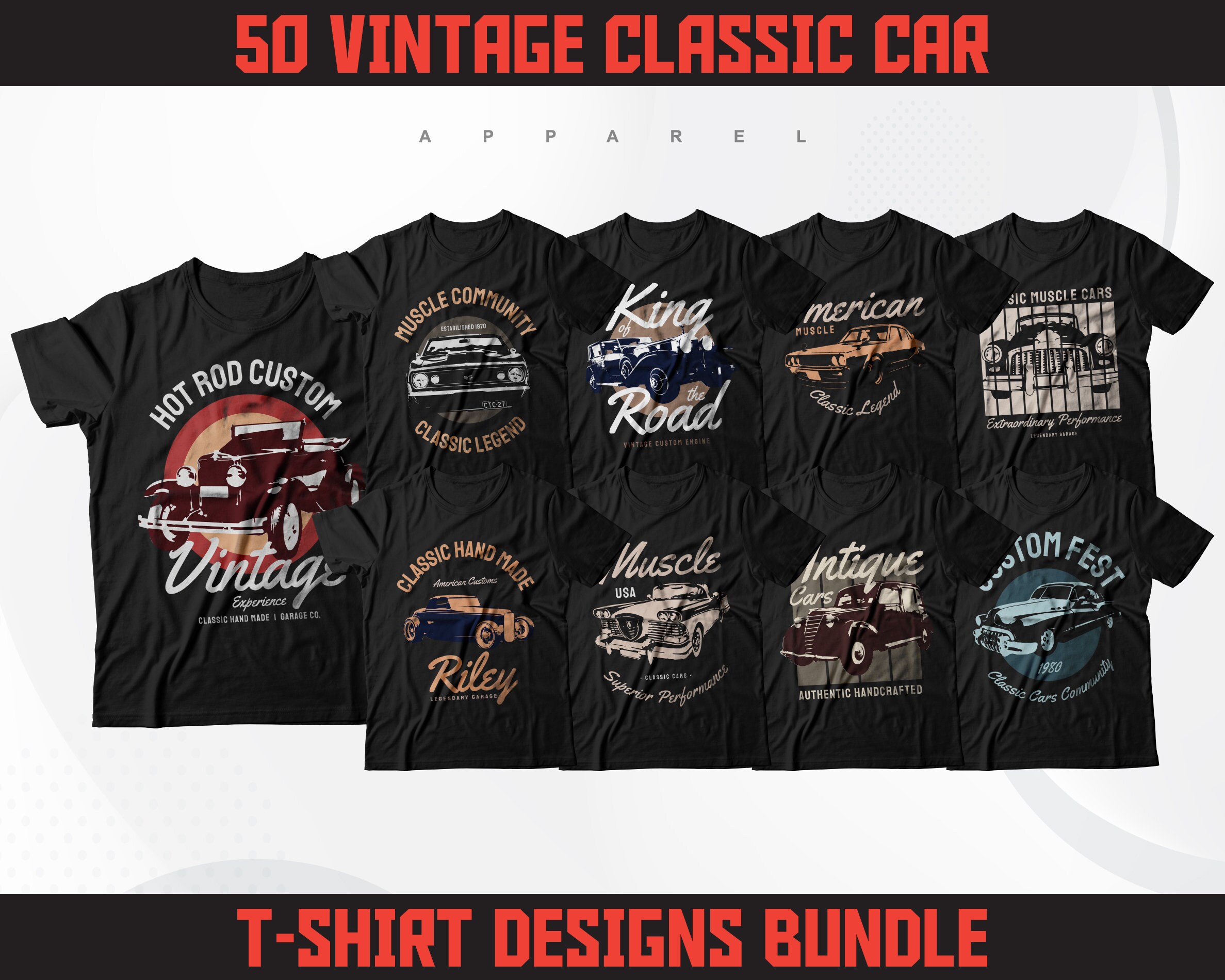 Vintage Car T-shirt Designs Bundle | Streetwear Designs | Classic Car ...