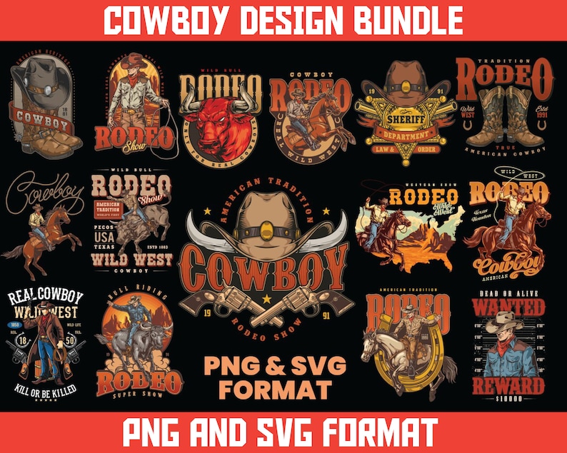 70 Cowboy Designs Bundle | Cowboy T-shirt Designs | Western Design ...