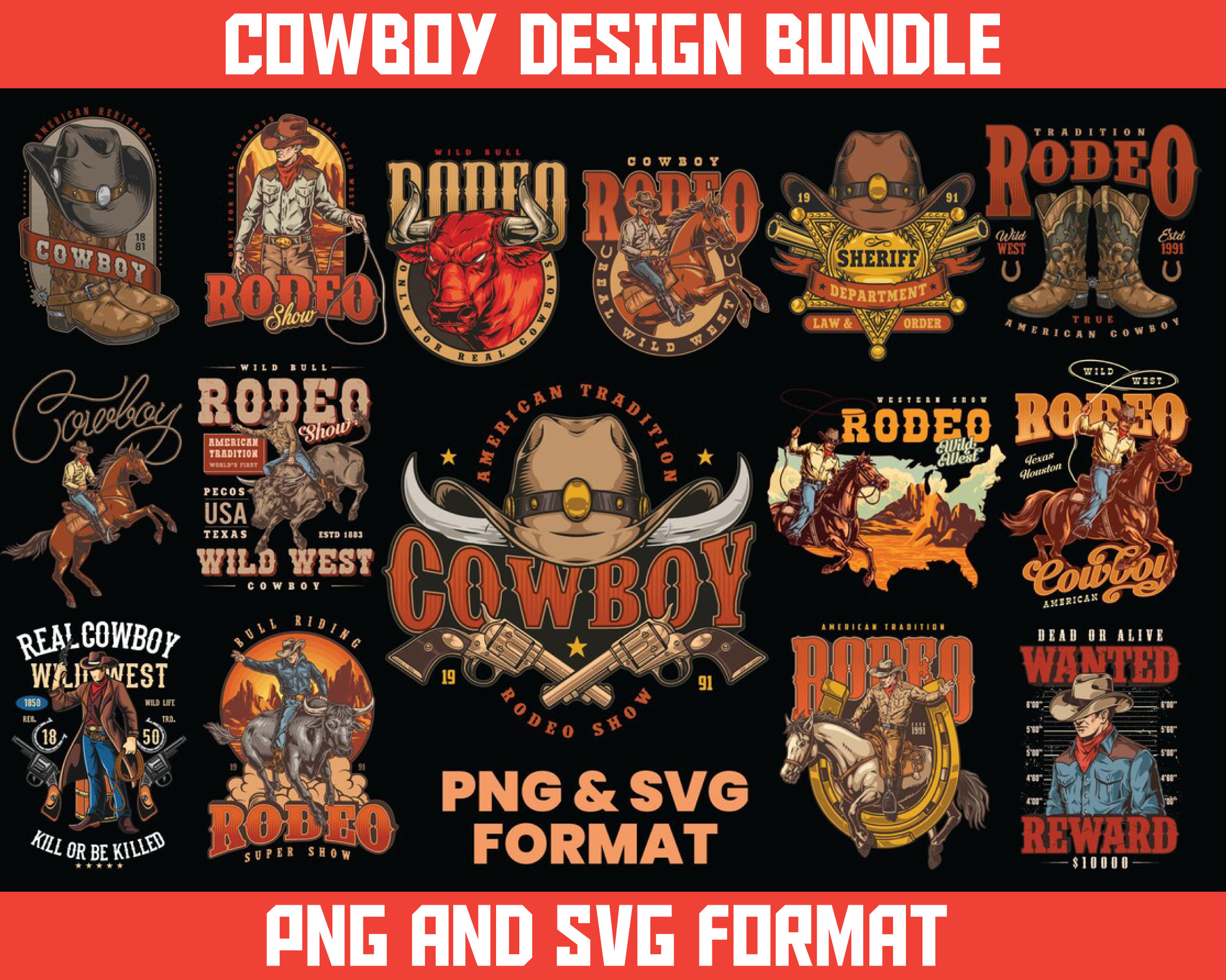 70 Cowboy Designs Bundle | Cowboy T-shirt Designs | Western Design ...