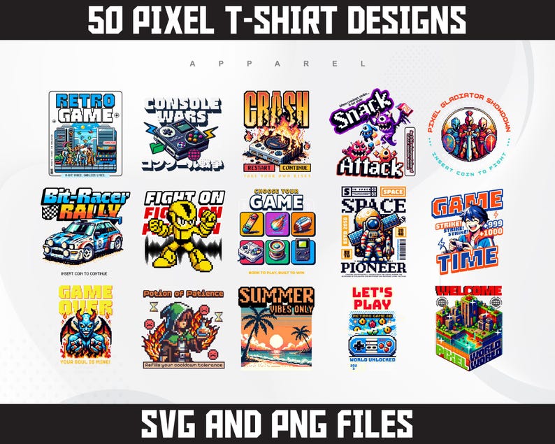 50 Pixel Gamer T-shirt Designs | PNG SVG (digital Download) - Etsy