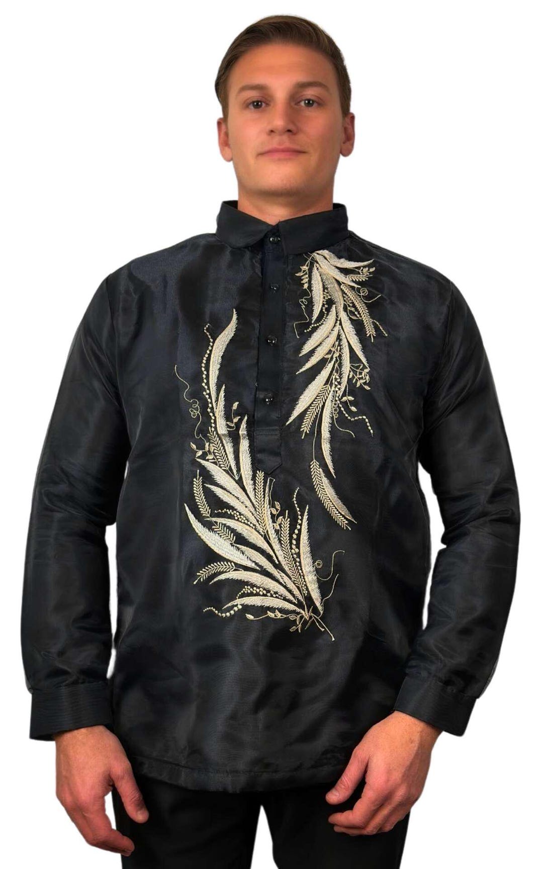 Black Feather Embroidered Long Sleeve Organza Barong Tagalog ORDER US ...
