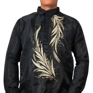 Black Feather Embroidered Long Sleeve Organza Barong Tagalog ORDER US ...