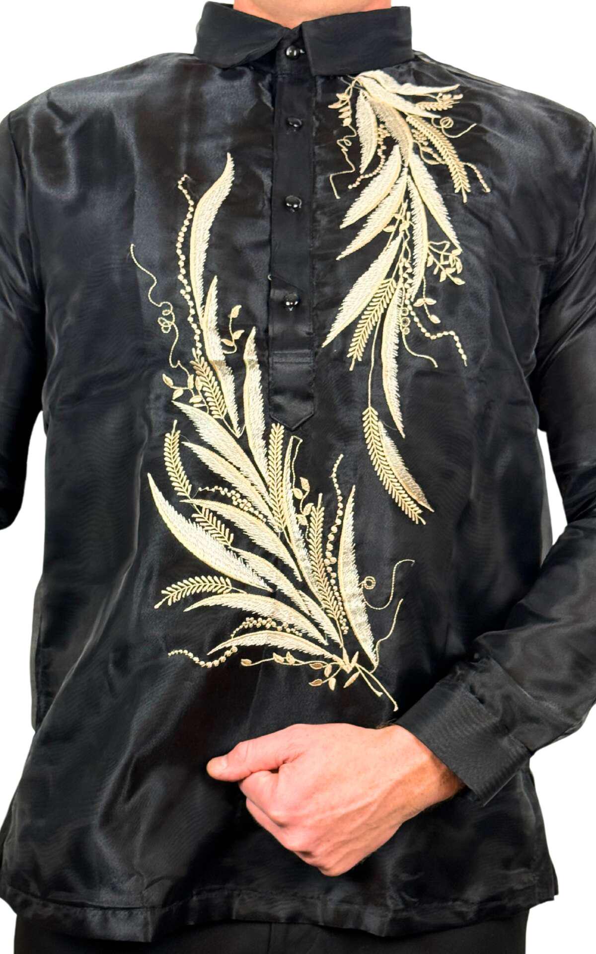 Black Feather Embroidered Long Sleeve Organza Barong Tagalog ORDER US ...